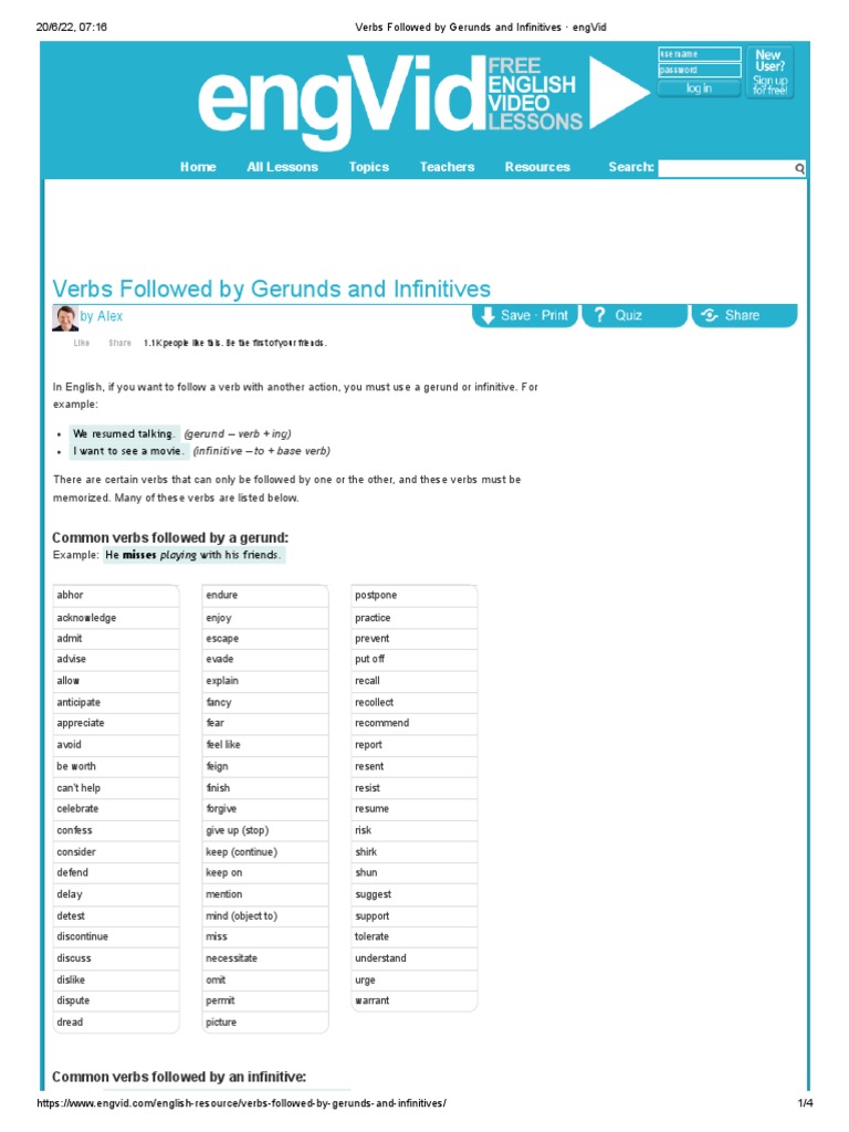 Verbs Followed by Gerunds and Infinitives Engvid | PDF | English ...