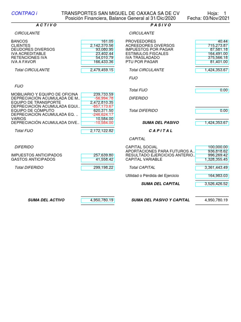 Posicion Financiera Balance General 2020 | PDF | Depreciación | Contabilidad