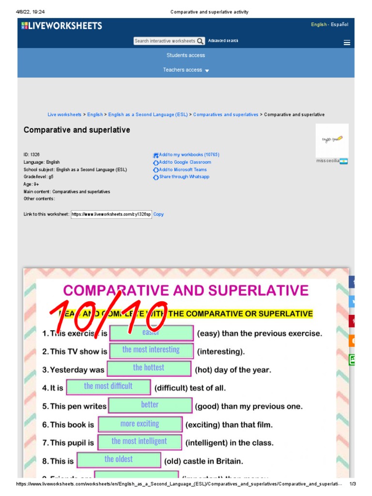 Comparative and Superlative Activity | PDF | English As A Second Or ...