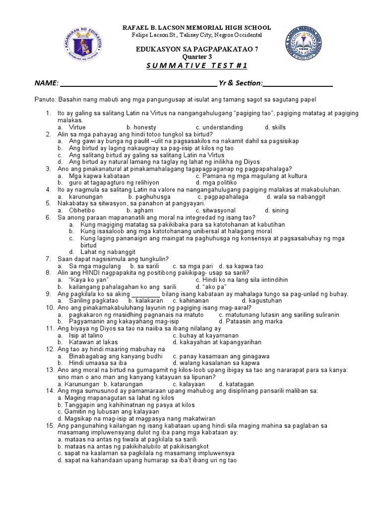 Esp 7 Summative Test 1 QTR 3 1 | PDF
