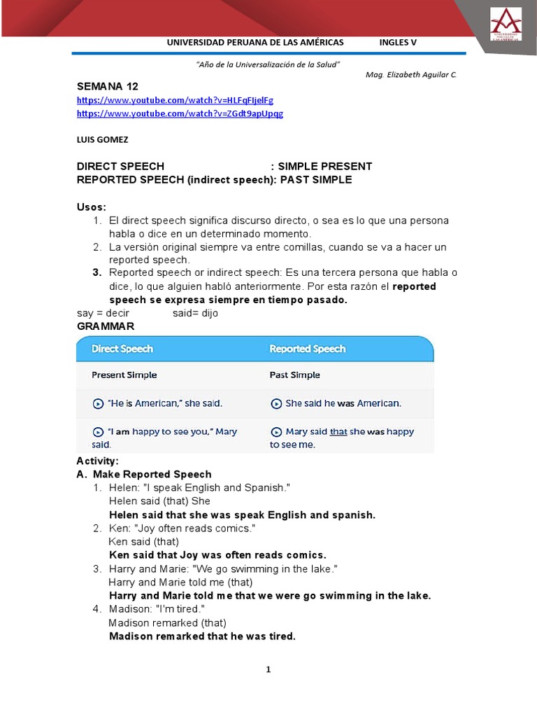 INGLES V. SEMANA 12. 1° Parte - Report Speech. Simple Present | PDF | Language Arts & Discipline