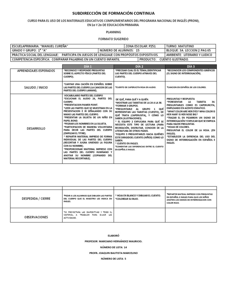 Planeacion Ingles para Primero y Segundo Grado de Primaria | PDF ...
