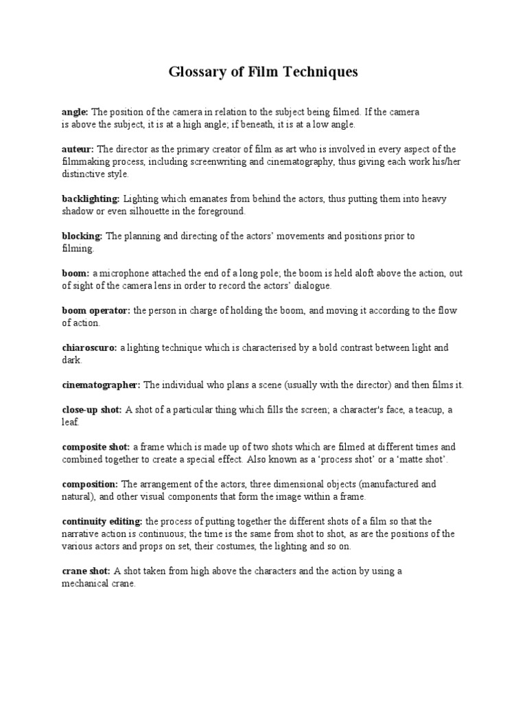 Glossary of Film Techniques | Download Free PDF | Cinematography | Camera