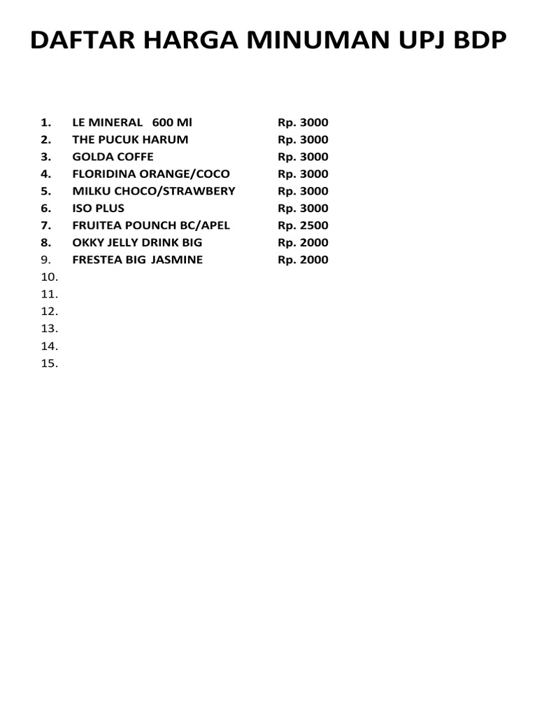 Daftar Harga Minuman Upj BDP | PDF