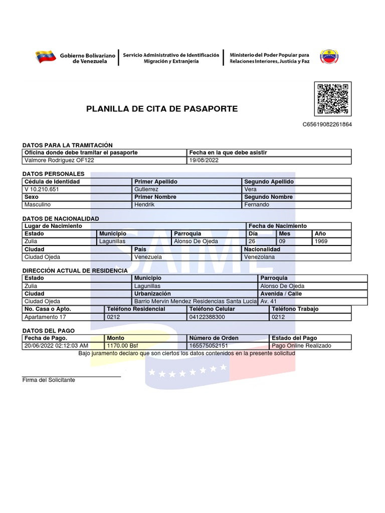Planilla de Saime | PDF