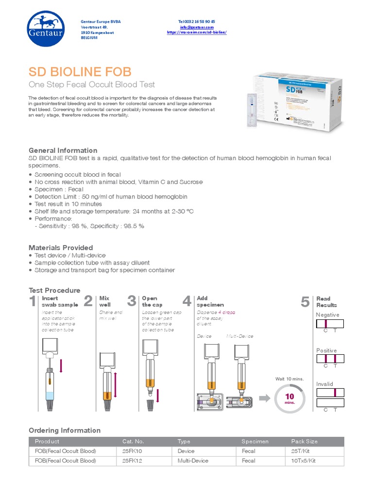 SD Bioline Fob: One Step Fecal Occult Blood Test | PDF | Blood ...