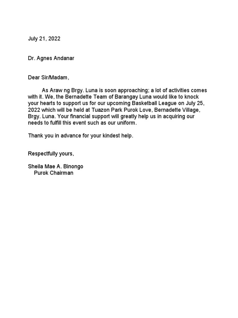 Solicitation Letter Araw NG Barangay Luna | PDF