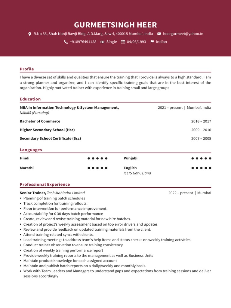 18th Aug 2022 Gurmeetsingh - Heer - Resume | PDF | Mentorship | Cash