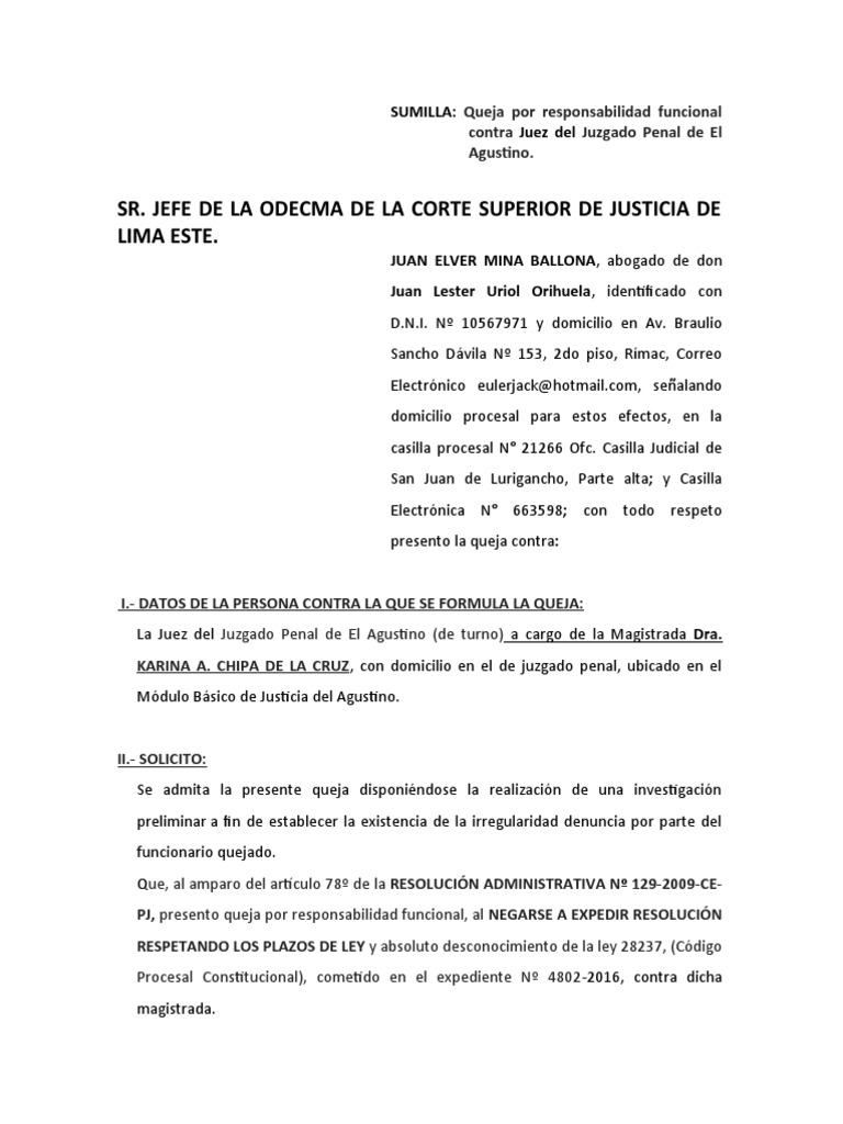 Queja Por Inconducta Funcional - Final | PDF | Habeas corpus | Juez