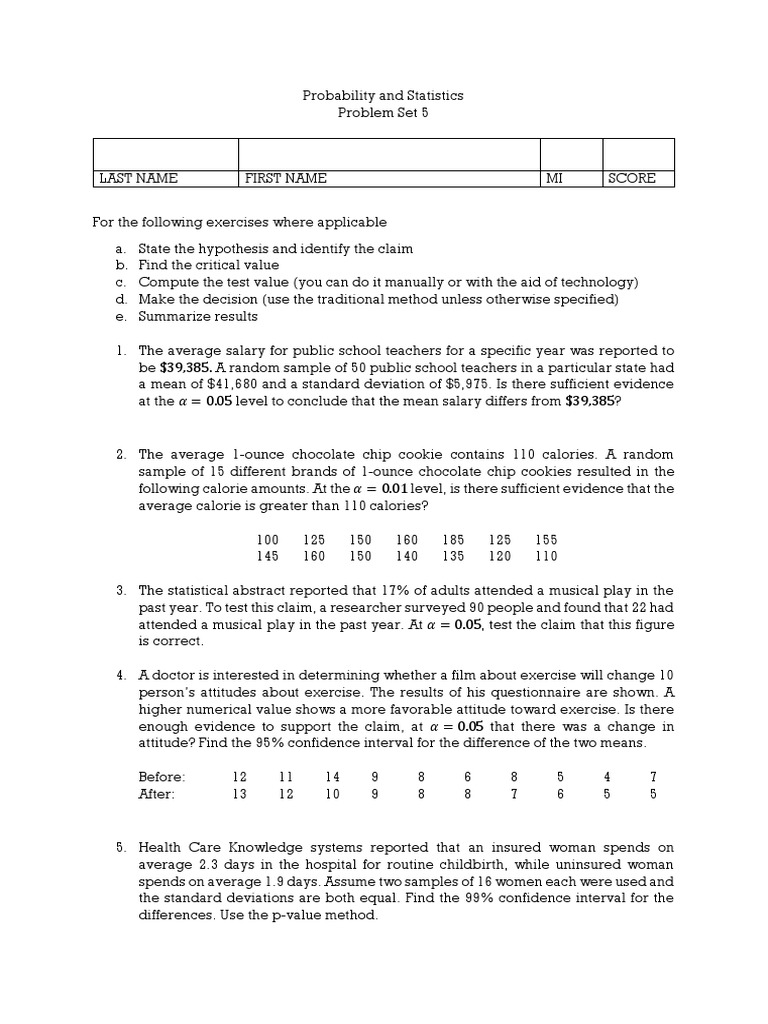 Probability and Statistics - Problem Set 5 | PDF | Statistics | Scientific Method