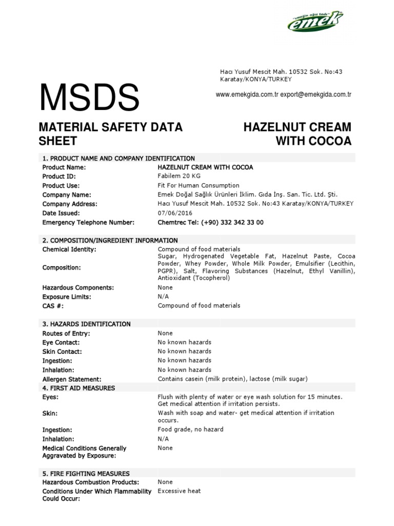 MSDS - Hazelnut Cream With Cocoa1 | PDF | Water | Toxicity