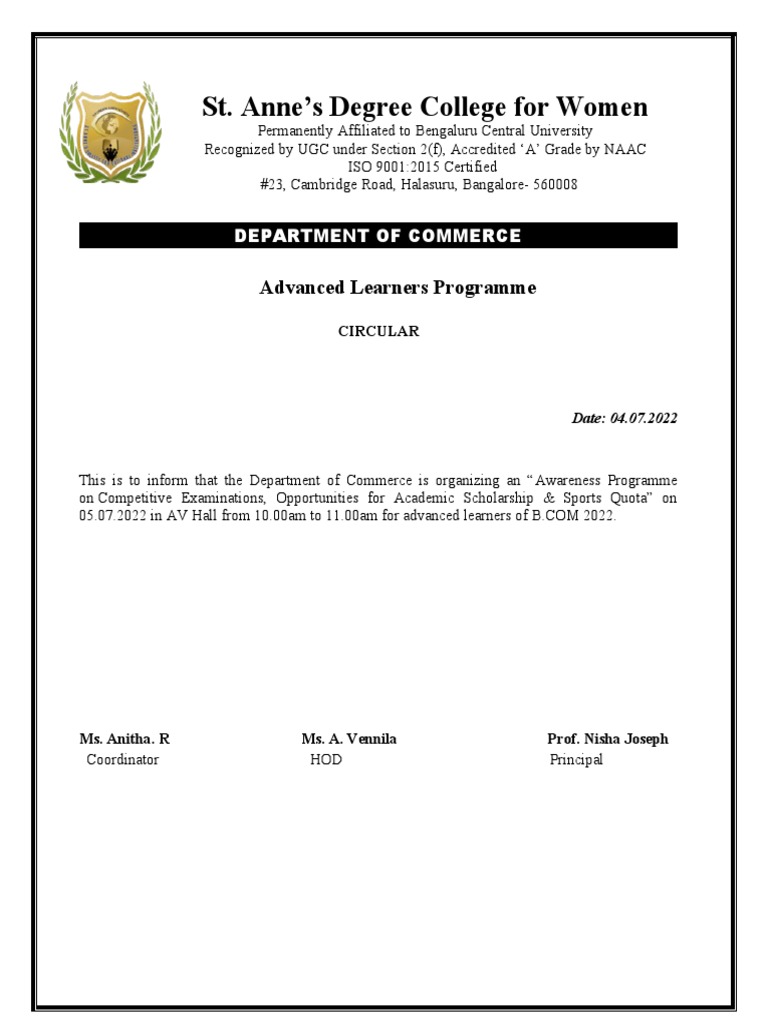 St. Anne's Degree College For Women: Advanced Learners Programme | Download Free PDF | Academia ...