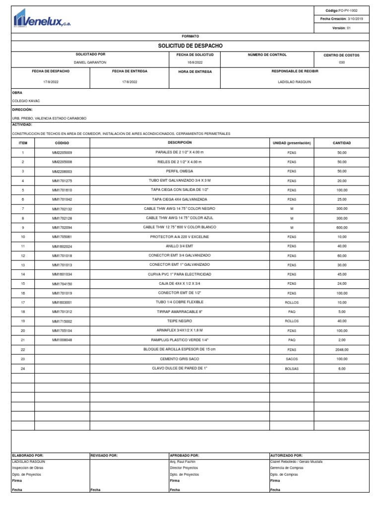 Solicitud de Despacho Materiales Obra | PDF
