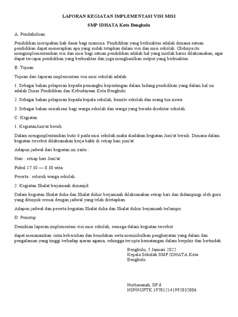 LAPORAN KEGIATAN IMPLEMENTASI VISI MISI SMP IDHATA Kota Bengkulu | PDF
