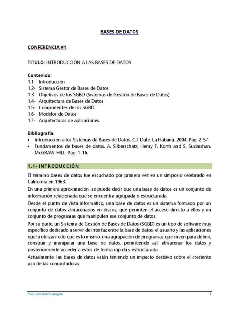 Conferencia 1 - INTRODUCCIÓN A LAS BASES DE DATOS | PDF | Bases de datos | Base de datos relacional