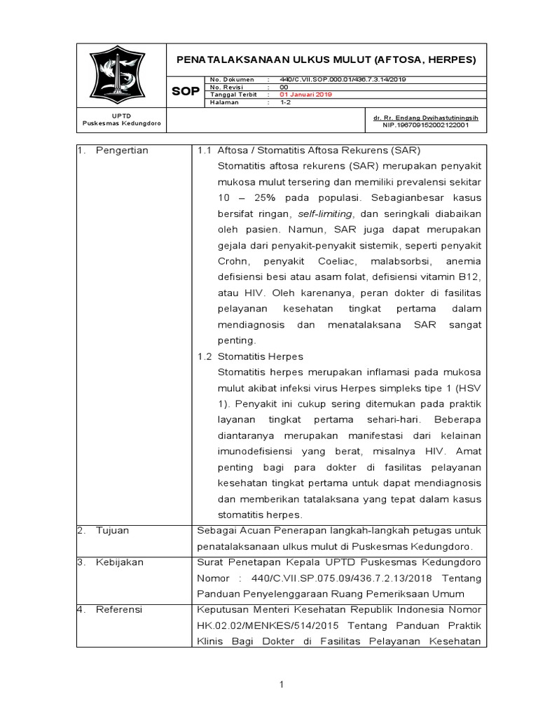 Sop Penatalaksanaan Ulkus Mulut (Aftosa, Herpes) | PDF