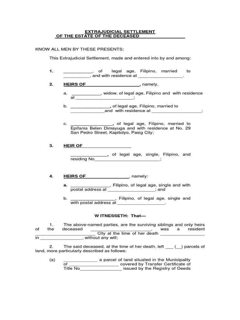Extrajudicial Settlement (1) Sample | PDF | Government | Property