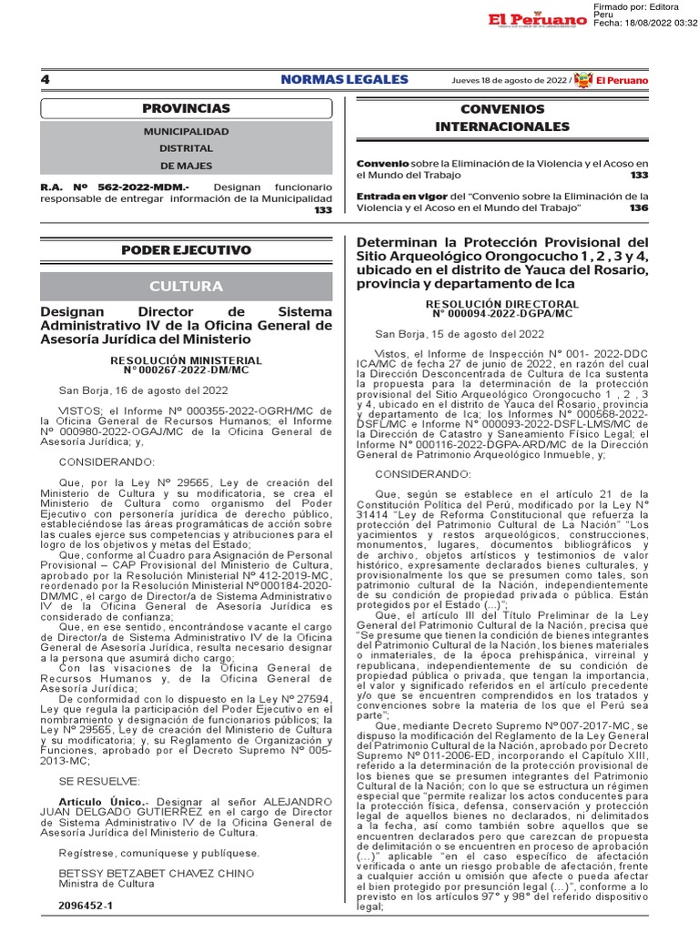 RESOLUCION MINISTERIAL #000267-2022-DM/MC Fecha: 18/08/2022 | PDF | Patrimonio cultural | Nación