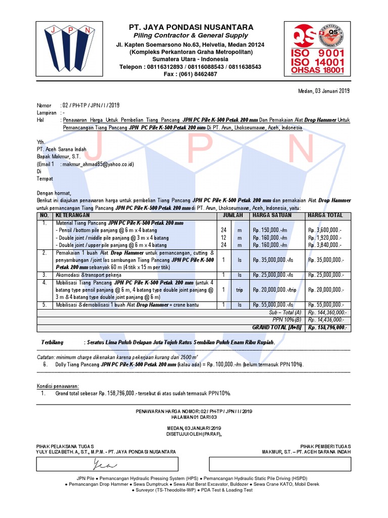 02 PH-TP JPN I 2019 - PT Aceh Sarana Indah - Bapak Makmur ST - 03 Januari 2019 - JPN PC Pile K ...