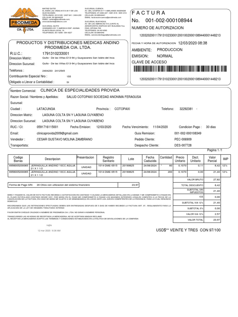 Factura Clinica de Especialidades Provida | PDF