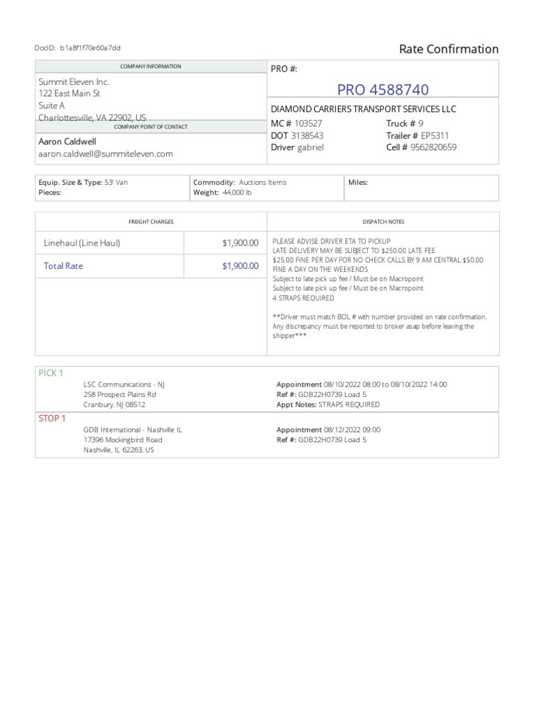 PRO 4588740 Rate Confirmation | PDF | Cargo | Supply Chain Management