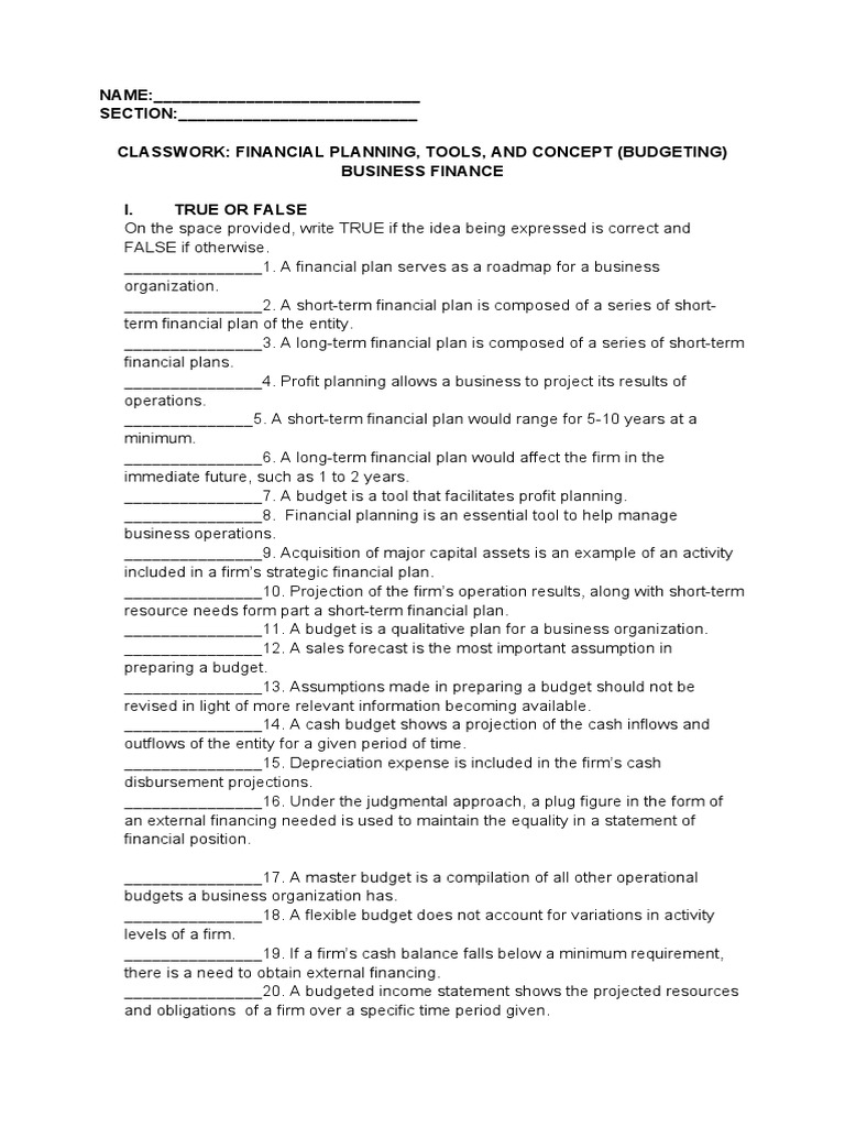 NAME: - SECTION: - Classwork: Financial Planning, Tools, and Concept (Budgeting) Business ...