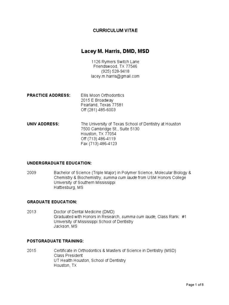 Lacey M. Harris, DMD, MSD: Curriculum Vitae | Download Free PDF | Dental Degree | Orthodontics