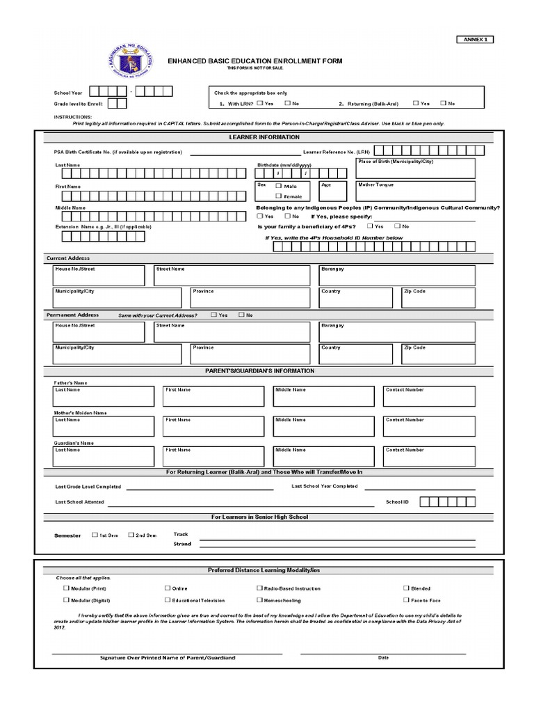 Enhanced Basic Education Enrollment Form | PDF