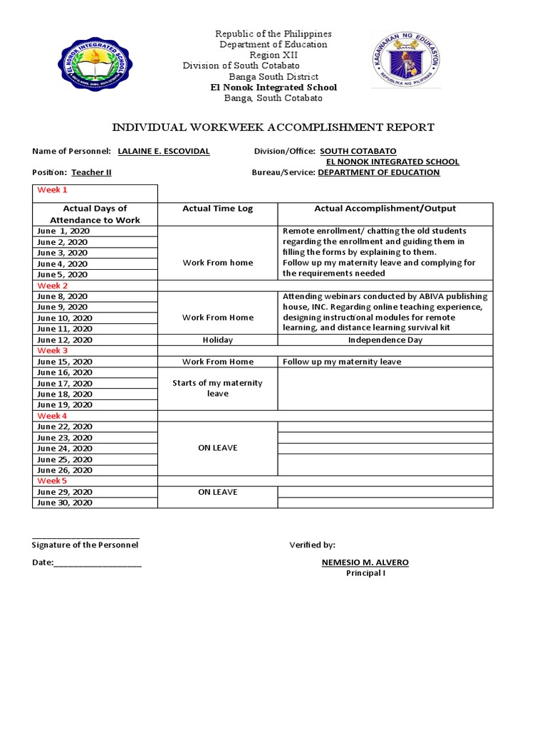 Individual Workweek Accomplishment Report: El Nonok Integrated School | PDF