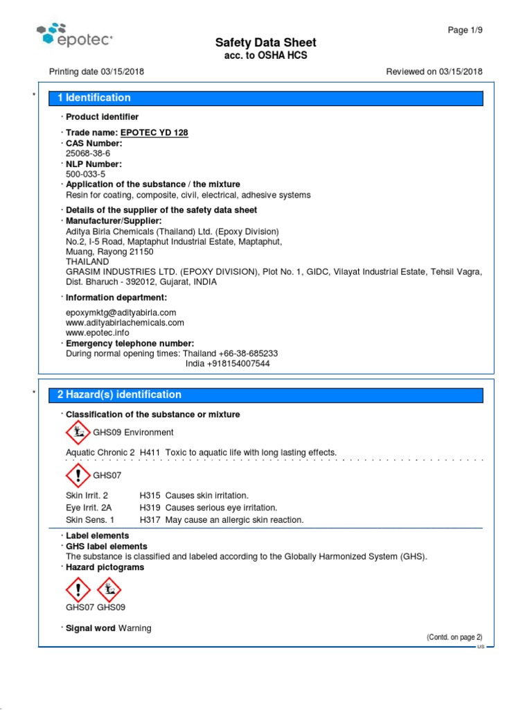 SDS - Epotec Yd 128 | PDF | Dangerous Goods | Workplace
