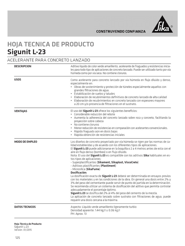 Aditivo Sigunit L-23 para Concreto Lanzado | PDF | Hormigón | Cemento