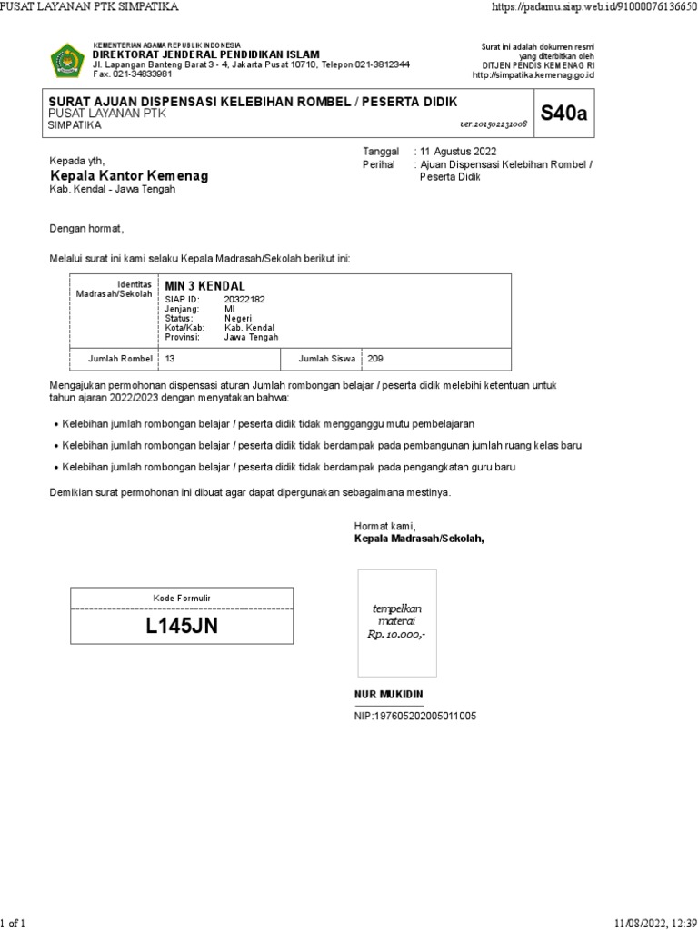 Permohonan Dispensasi Kelebihan Rombel dan Peserta Didik di MIN 3 ...