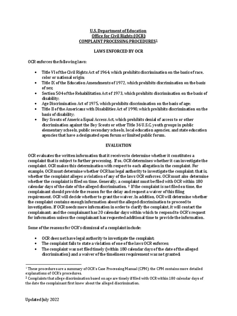 U.S. Department of Education Office For Civil Rights (OCR) Complaint Processing Procedures Laws ...