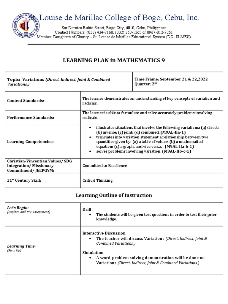St. Louise de Marillac College of Bogo, Cebu, Inc.: Learning Plan in Mathematics 9 | PDF ...