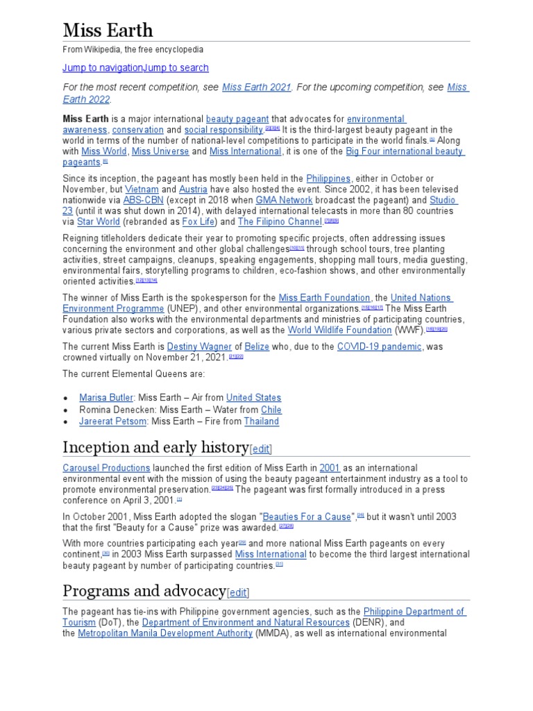 Miss Earth: Inception and Early History | PDF | Natural Environment ...