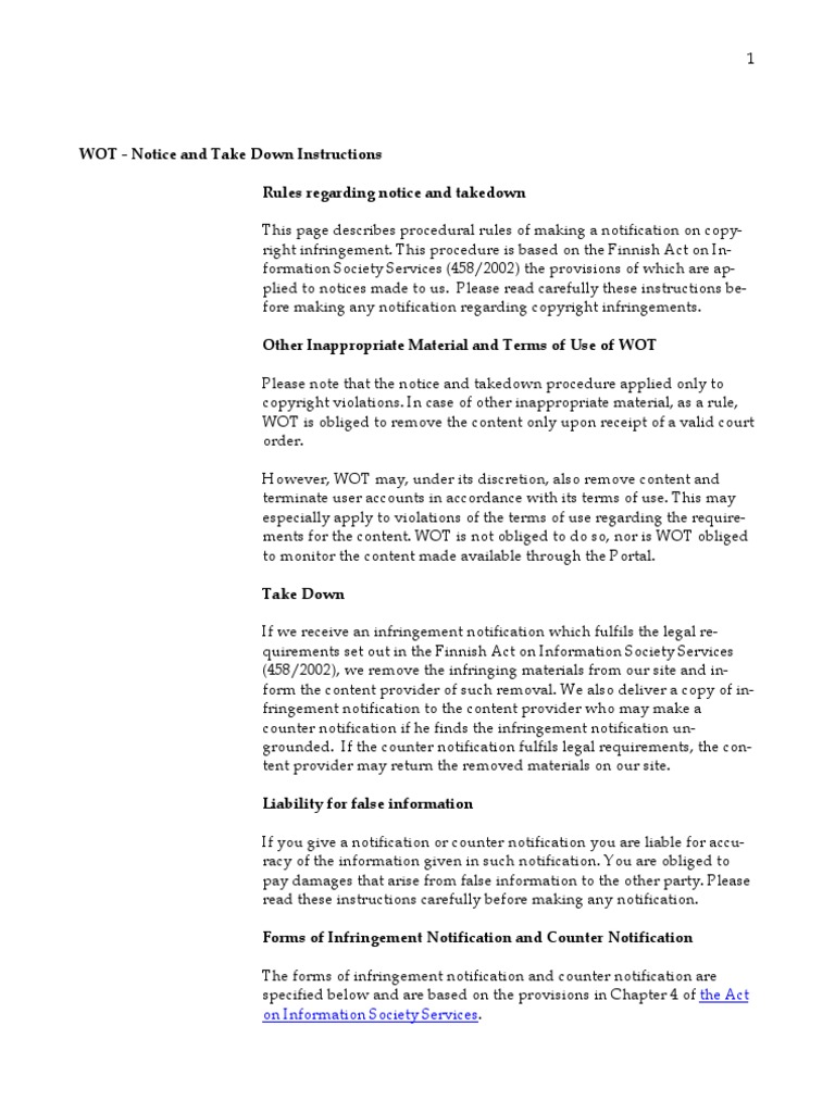 WOT - Notice and Take Down Instructions Rules Regarding Notice and ...