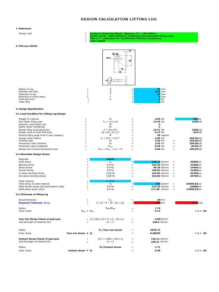 Lifting Lug Design Calculations | PDF | Bending | Stress (Mechanics)