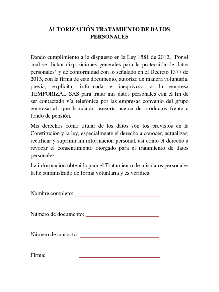Autorización de Tratamiento de Datos Personales | PDF