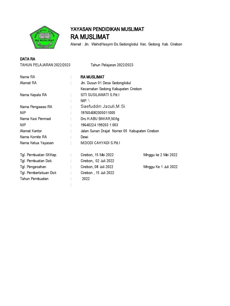 PANDUAN & CONTOH DOK. KTSP RA TH 2019-2020 Oke | PDF