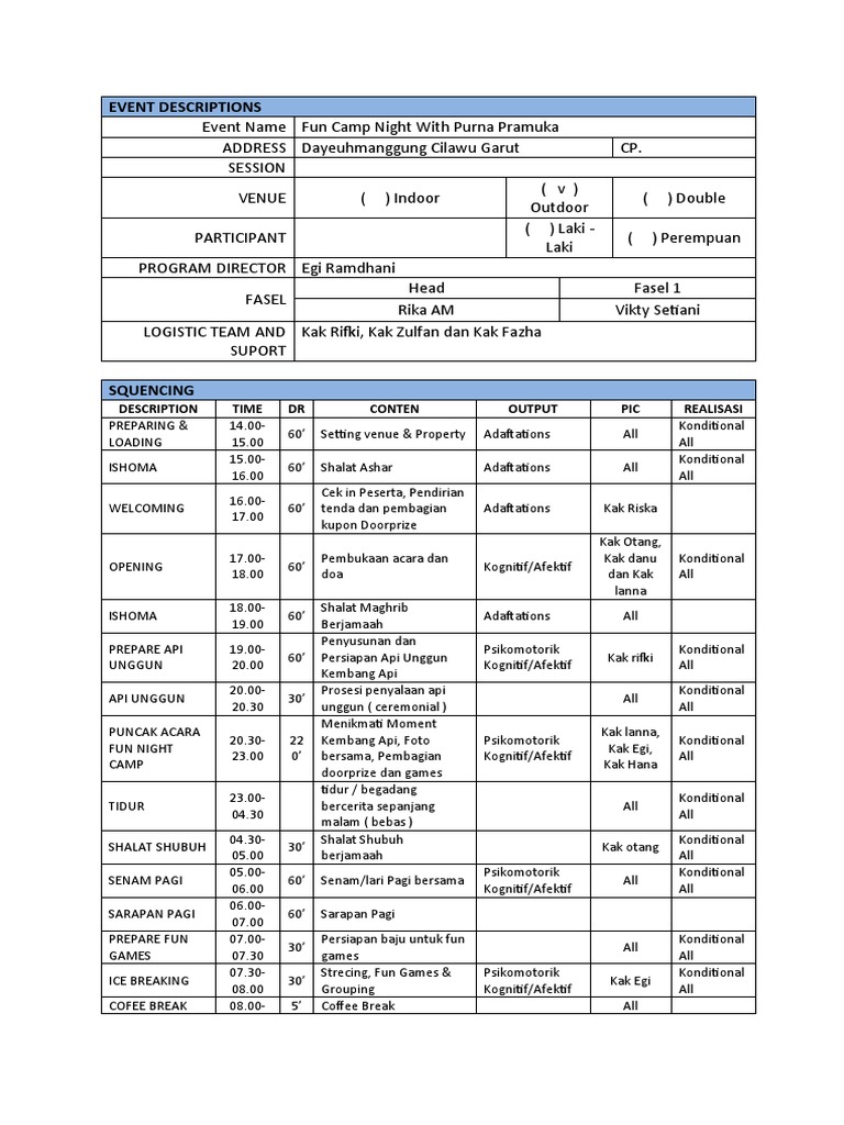 schedule acara Fun Night Camp | PDF
