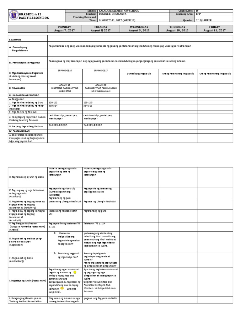 DLL - Epp 4 - Q1 - W10 | PDF