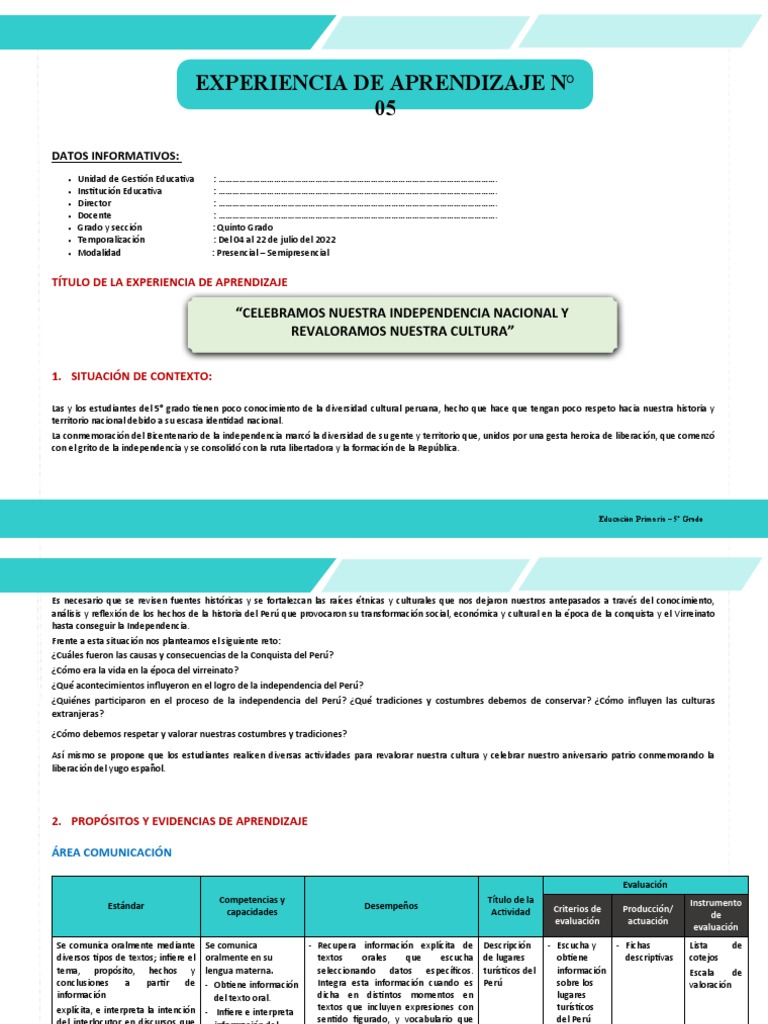 Experiencia de Aprendizaje 5 5º 2022 | Descargar gratis PDF | División (Matemáticas) | Evaluación