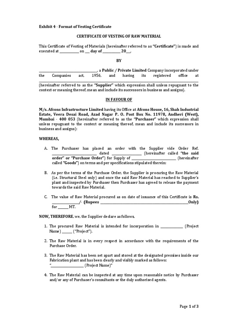 Vesting Certificate for Suppliers | PDF | Common Law | Private Law
