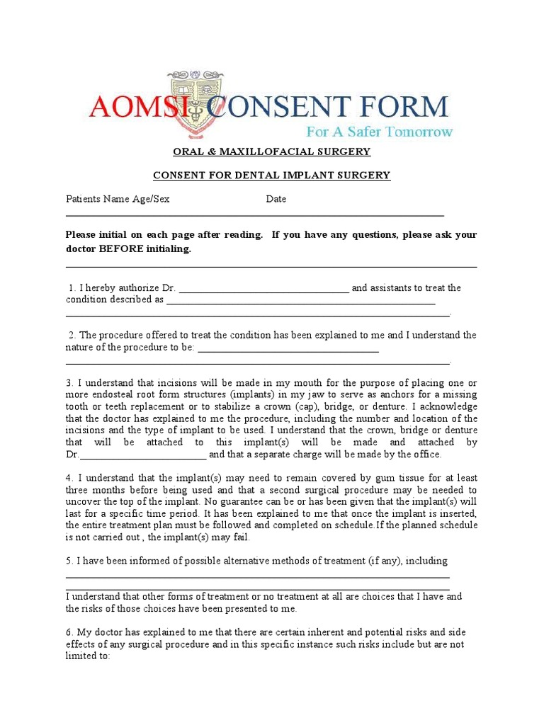 Dental Implant Surgery Consent Form | PDF | Dental Implant | Anesthesia