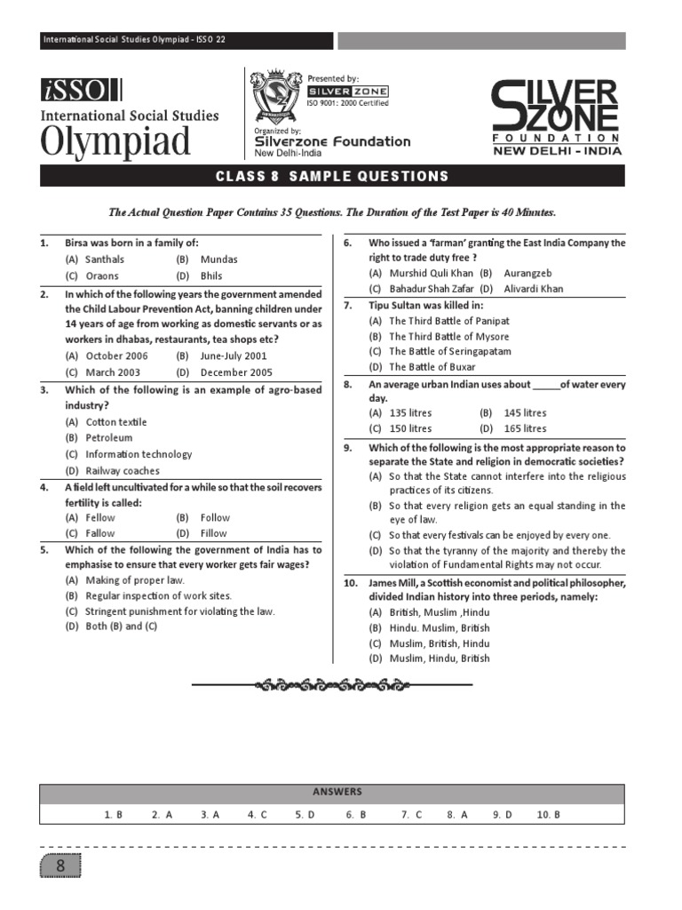 Class 8 Sample Questions: The Actual Question Paper Contains 35 ...