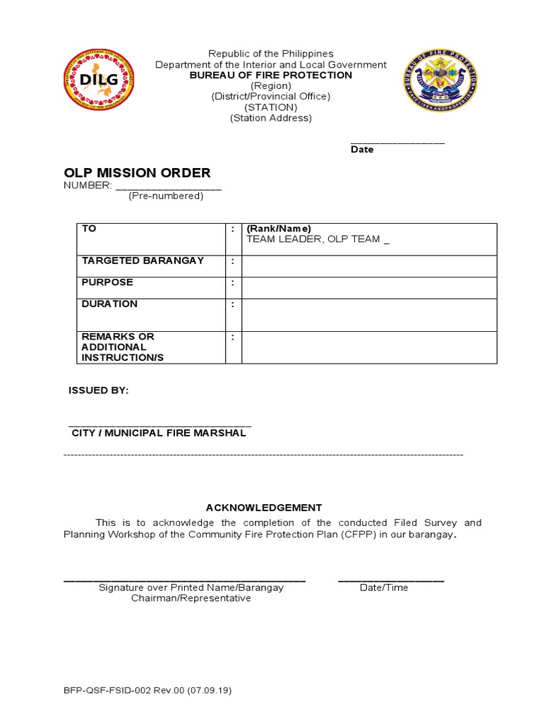 Olp Mission Order: Bureau of Fire Protection | PDF