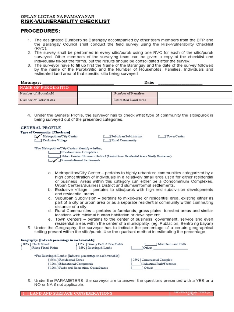 Risk-Vulnerability Checklist Procedures:: Oplan Ligtas Na Pamayanan ...