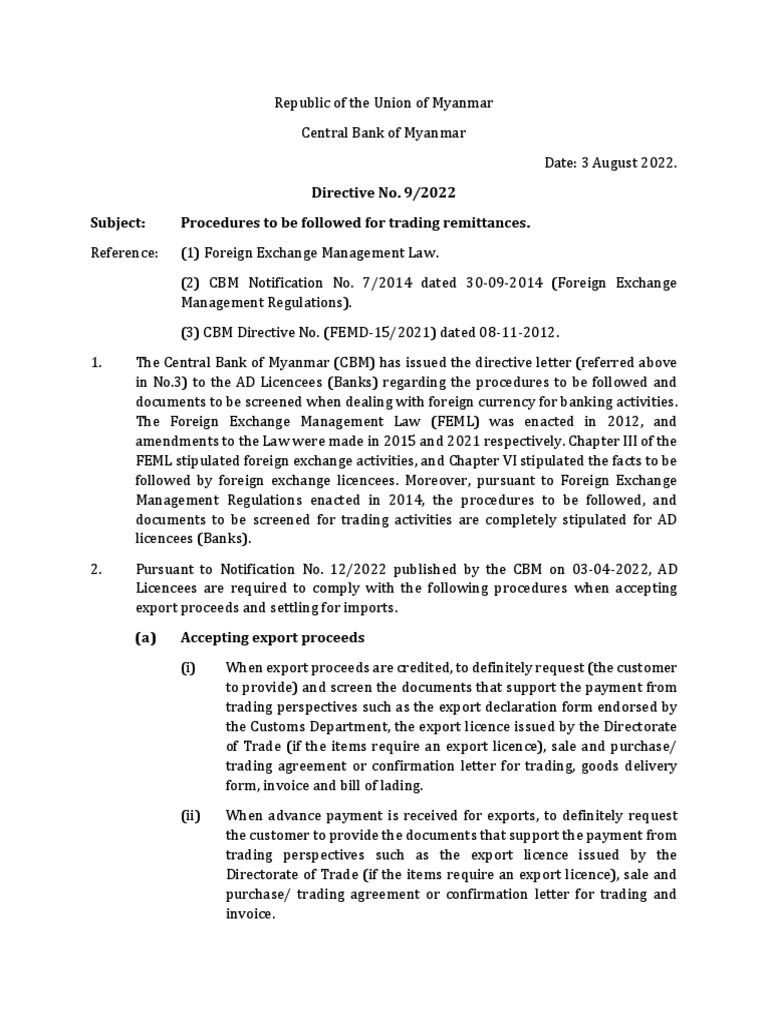 CBM Directive 9-2022 - Remittance Procedures For Trading - Eng | PDF ...