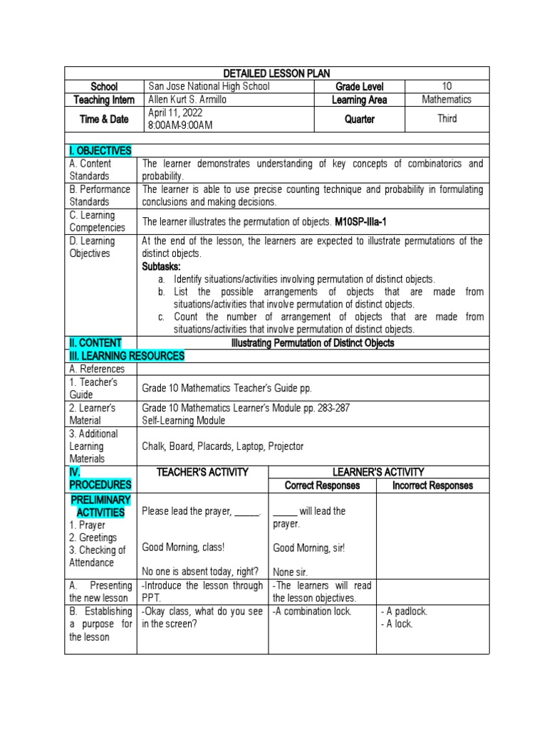 Detailed Lesson Plan Final Demo | PDF | Permutation | Learning