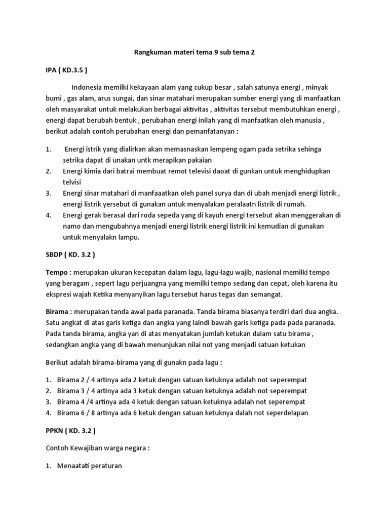Rangkuman Tema 9 Kelas 6 Subtema 2 | PDF | Kajian Bahasa Asing